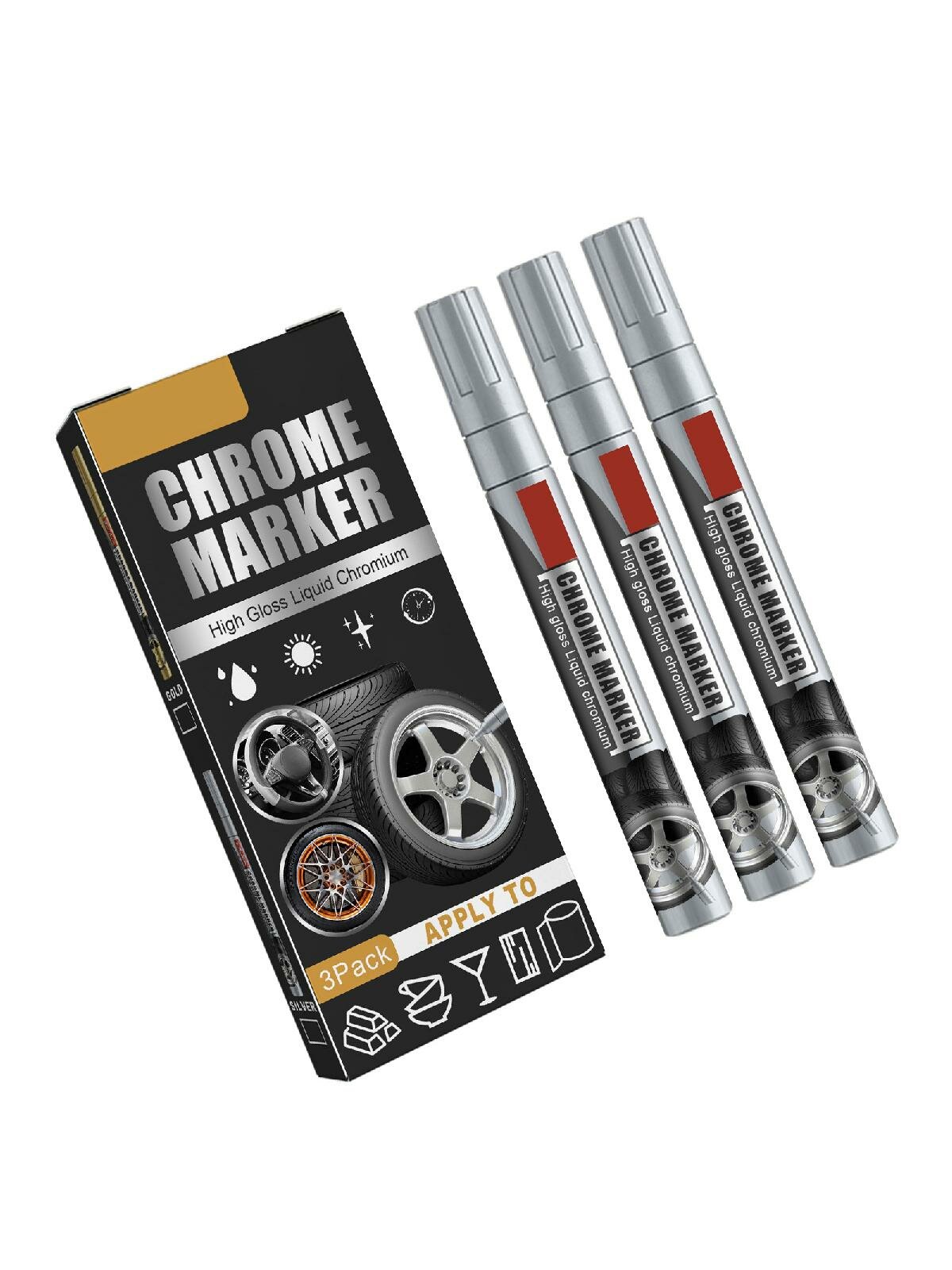 3шт Хромированный маркер Ручка для рисования шин Серебристо-золотая Хромированная ручка