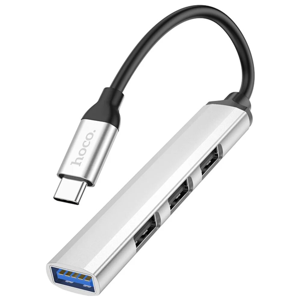 Разветвитель Hoco USB3.0/2.0 HB26, 3xUSB2.0, USB3.0, кабель Type-С 13см, серебристый алюминий, 6931474765475