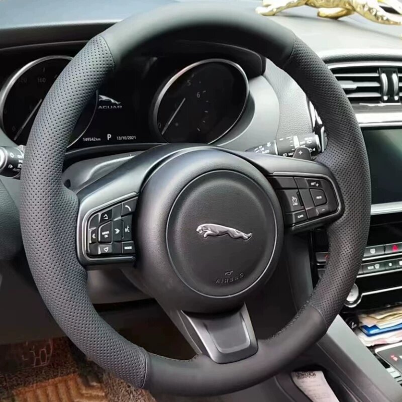 Jaguar E-PACE Ультра-тонкий волоконный чехол для руля с перфорацией, черный с черной строчкой