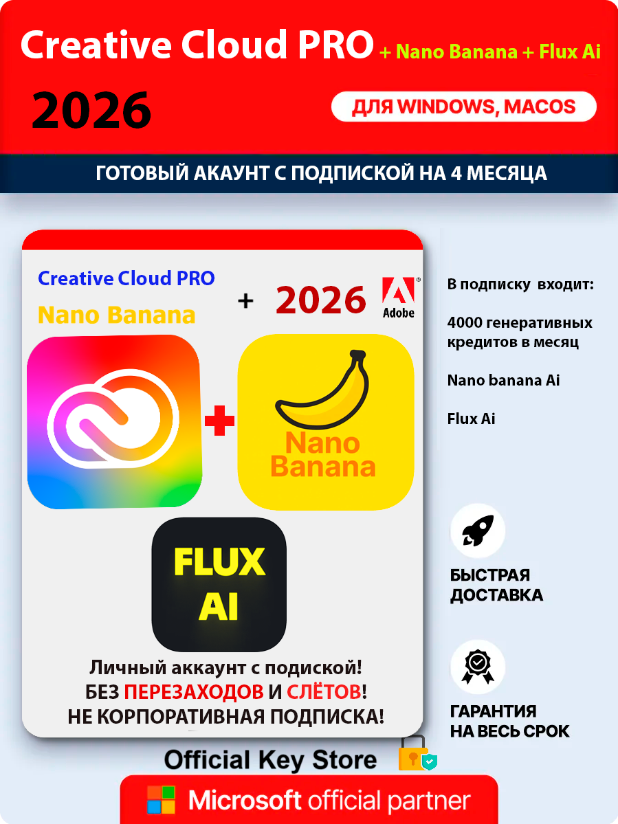 Creative cloud PRO 2026 + Nano banana + Flux Ai готовый личный аккаунт с подпиской на 4 месяца без перезаходов