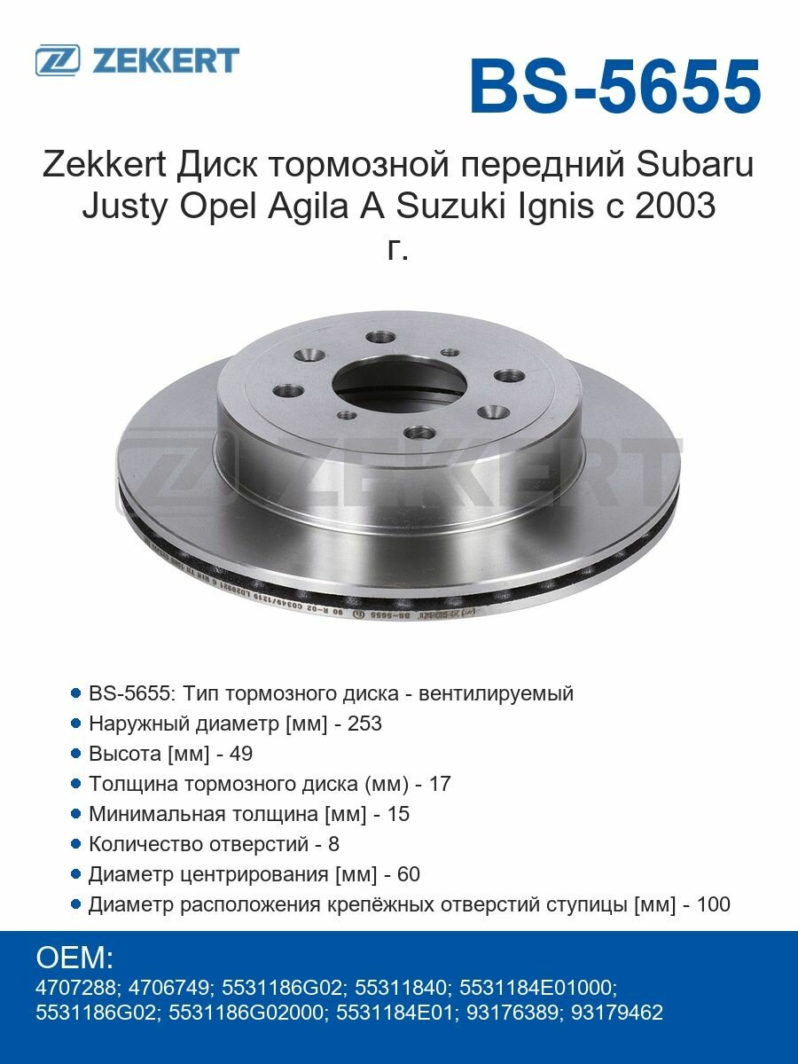 Zekkert Диск тормозной передний Subaru Justy Opel Agila A Suzuki Ignis с 2003 г.