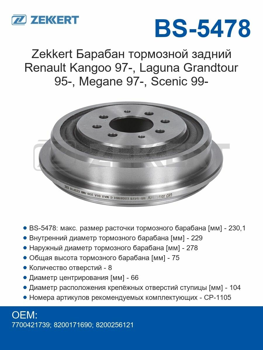 Zekkert Барабан тормозной задний Renault Kangoo 97-, Laguna Grandtour 95-, Megane 97-, Scenic 99-