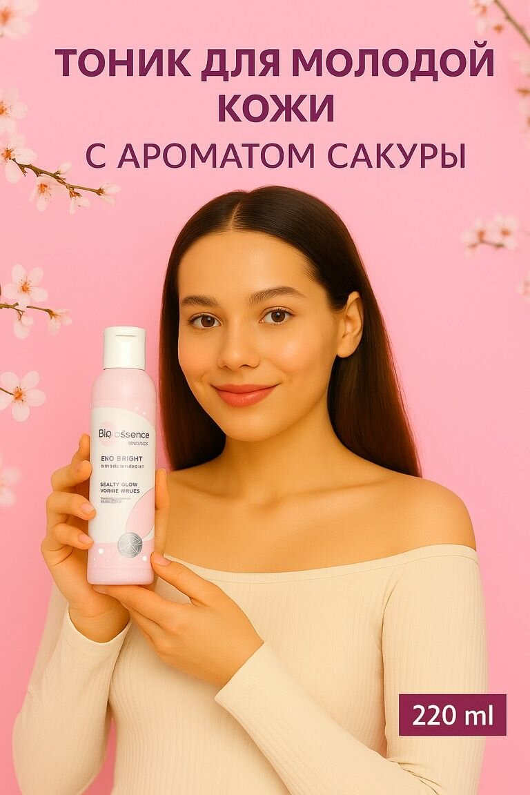 Тоник для лица Bio essense увлажняющий, очищающий, осветляющий, сужающий поры для чувствительной кожи для сияния кожи с цветками японской вишни и астрой, 220 мл