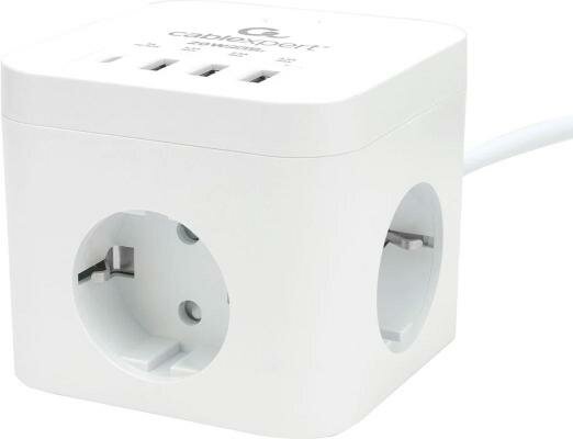 Cablexpert Сетевой фильтр cube, 3р, 10а, 1xtype-c pd, 3xusb, 1.5м, ур. защиты 4+, белый, коробка, CUBE-3-CU3-W-1.5