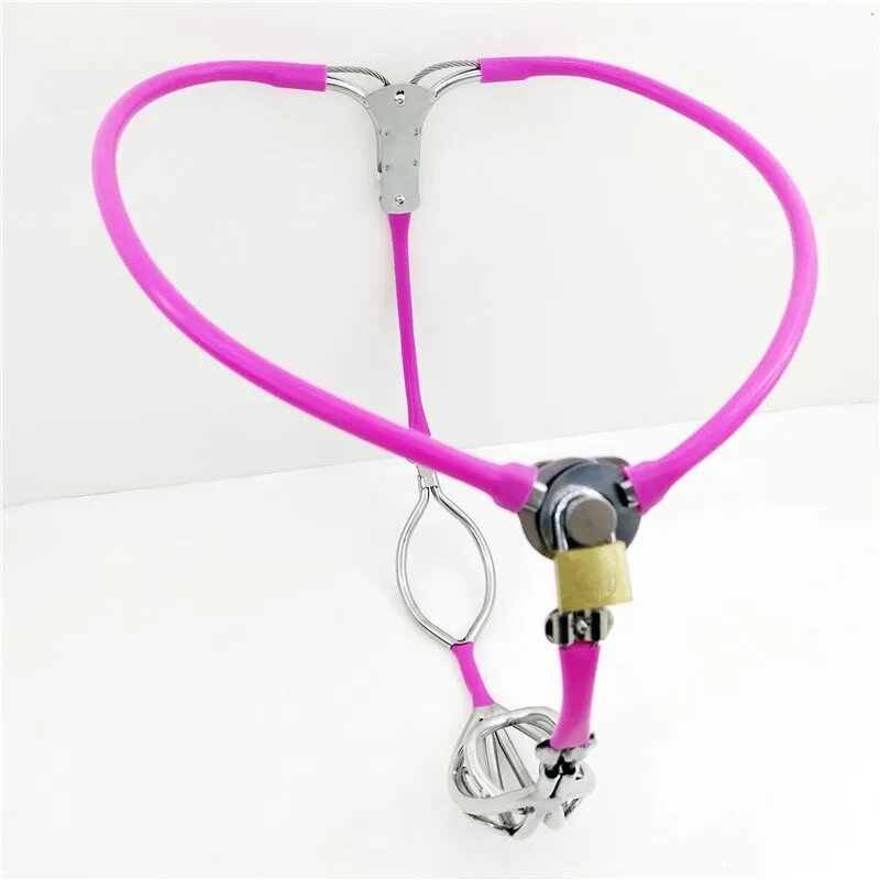 Мужской изогнутый регулируемый пояс верности из нержавеющей стали с замком верности, нижнее белье, брюки, металлическая клетка для члена, БДСМ, бондаж, секс-игрушки Pink 60-90cm
