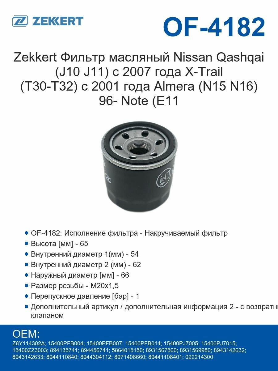 Zekkert Фильтр масляный Nissan Qashqai (J10 J11) с 2007 года X-Trail (T30-T32) с 2001 года Almera (N15 N16) 96- Note (E11
