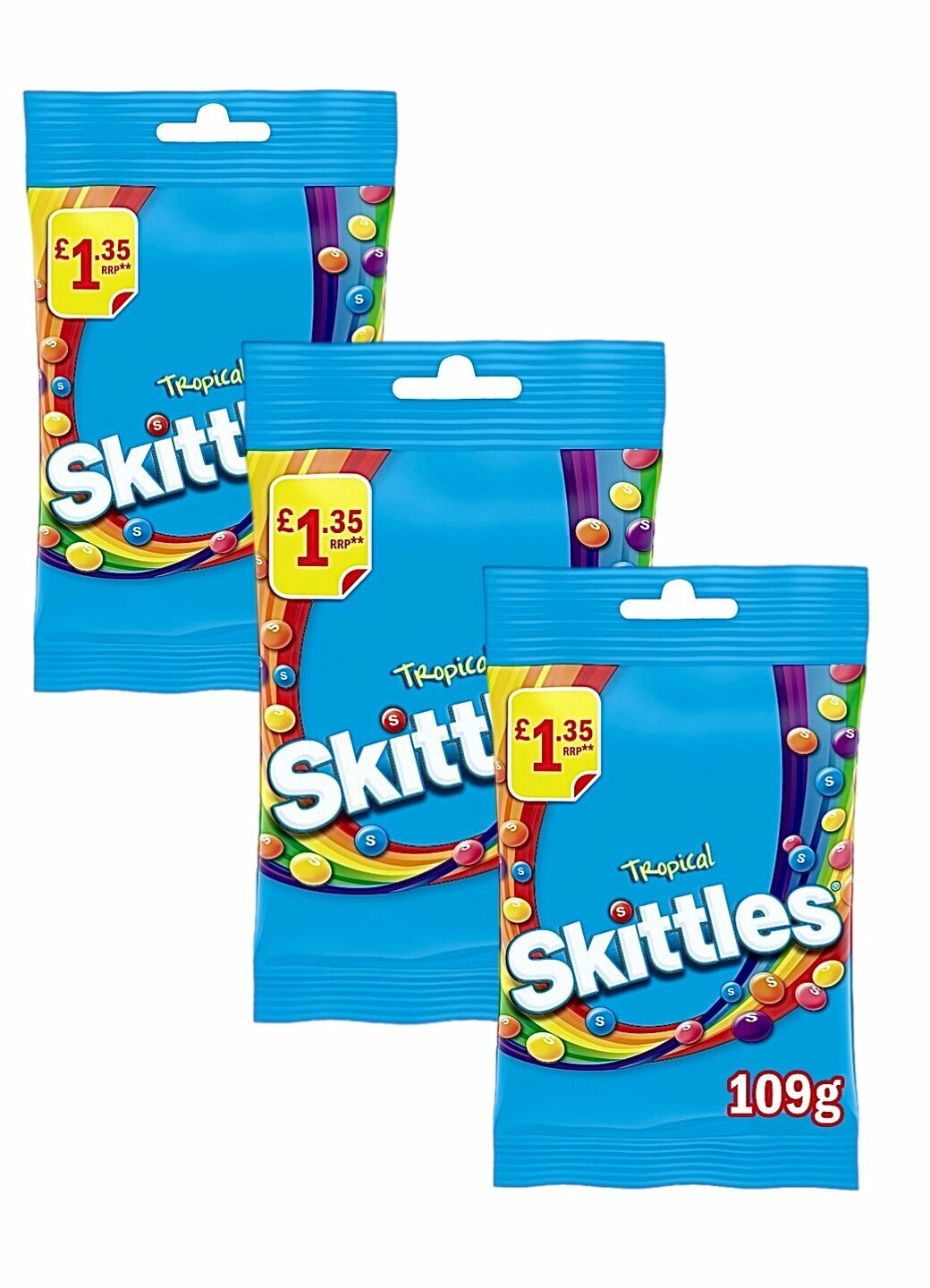 Драже конфеты жевательные Skittles Tropical/ Скитлс с вкусом тропических фруктов, 109гр х 3 шт