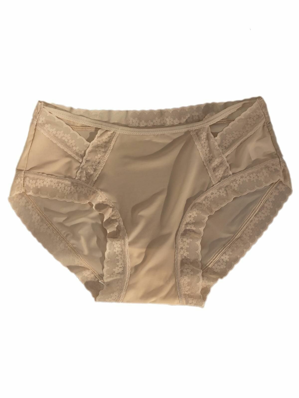 Женские трусы-без швов из шелка с кружевом, Коричневый - M