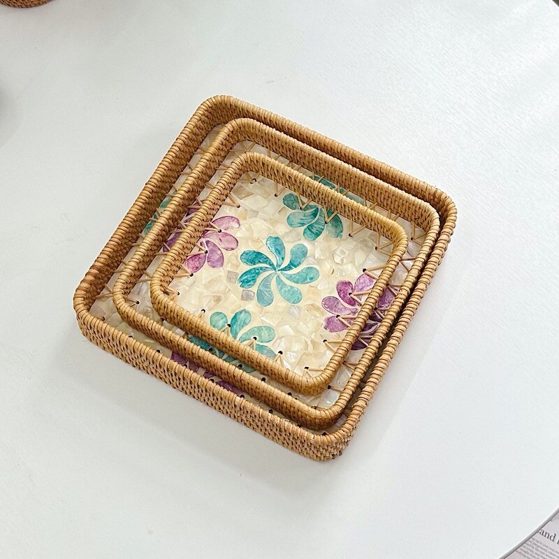 Вьетнамская плетеная тарелка из ротанга с цветными ракушками, скандинавский креативный ручной работы, декоративная тарелка для фруктов, поднос для хранения украшений, поднос для чая, квадратная тарелка