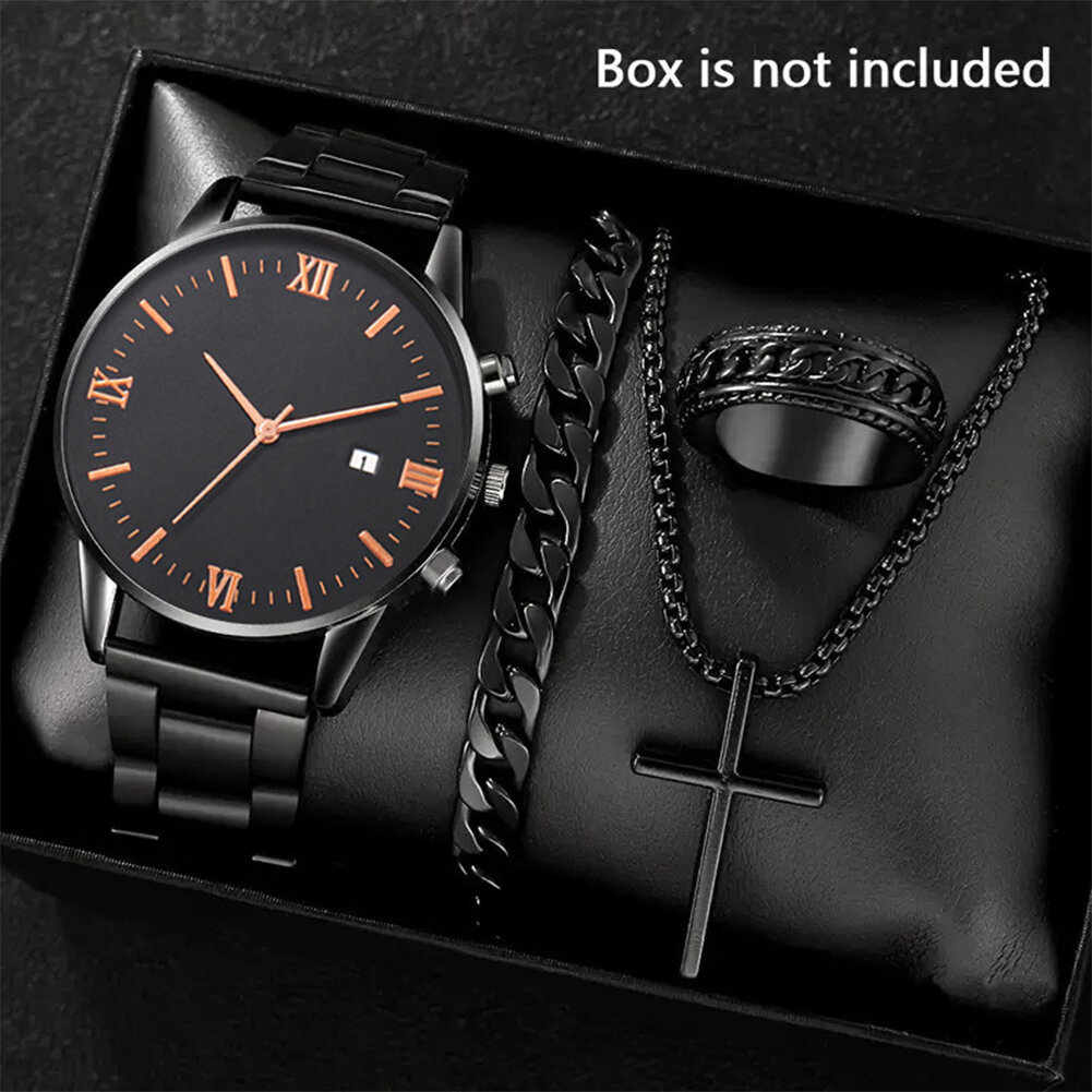 Мужской подарочный набор: кварцевые наручные часы с календарем, ожерелье, браслет и кольцо. Идеальный подарок для мужчины
