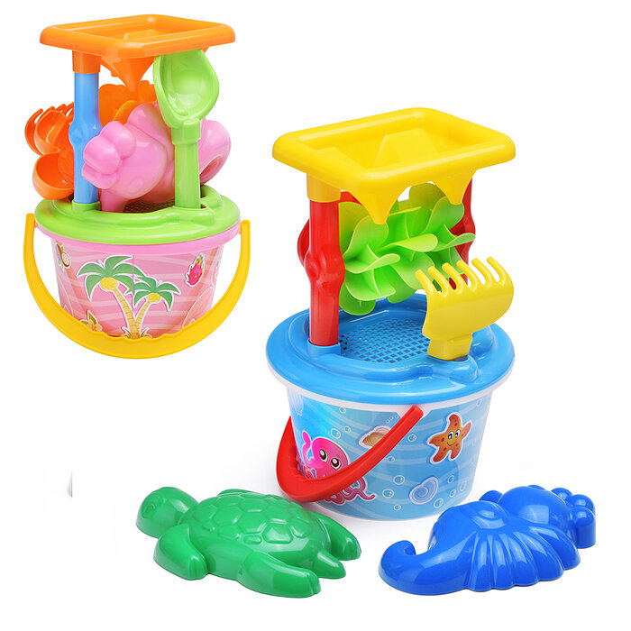 Набор №348: песочная мельница №2 с основанием ситечко среднее №2, ведро среднее с наклейкой, совок №