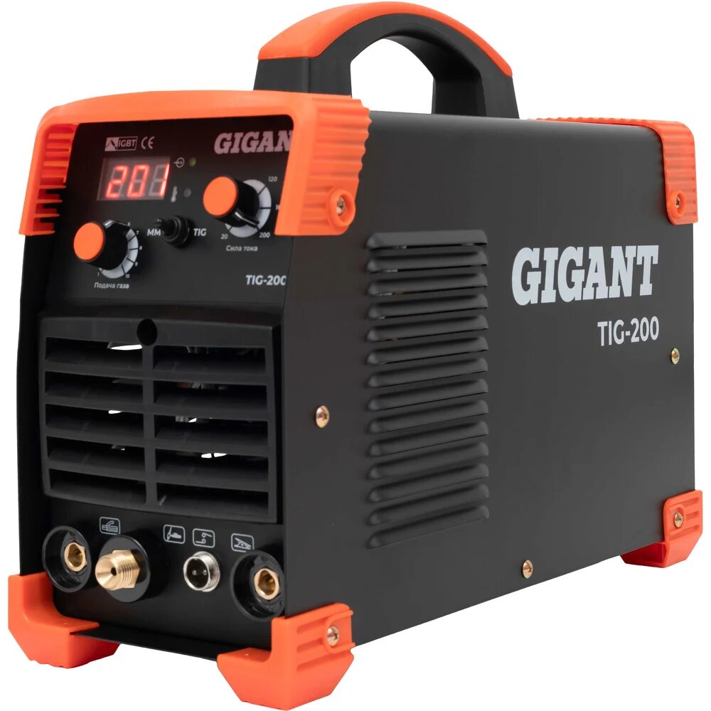 Сварочный инвертор Gigant TIG-200, DC режим, бесконтактный поджиг HF, защита IP21S, 2‑PIN разъём, 60 % пульсации