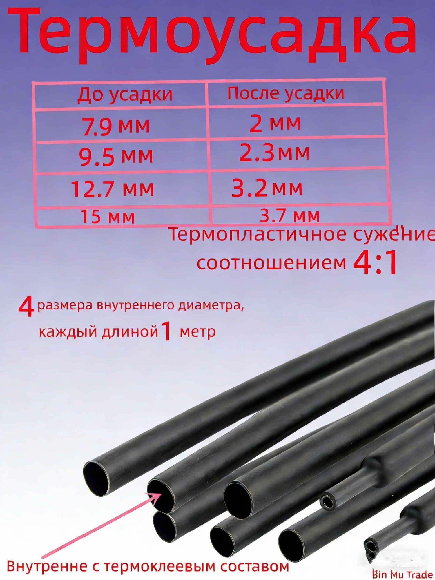 Термоусадка водонепроницаемая для проводов с клеевым слоем 4 метра черная, усадка 4:1.