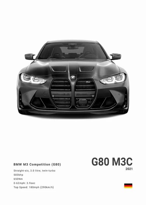 Черный настенный принт BMW M3 Competition G80 40x60cm