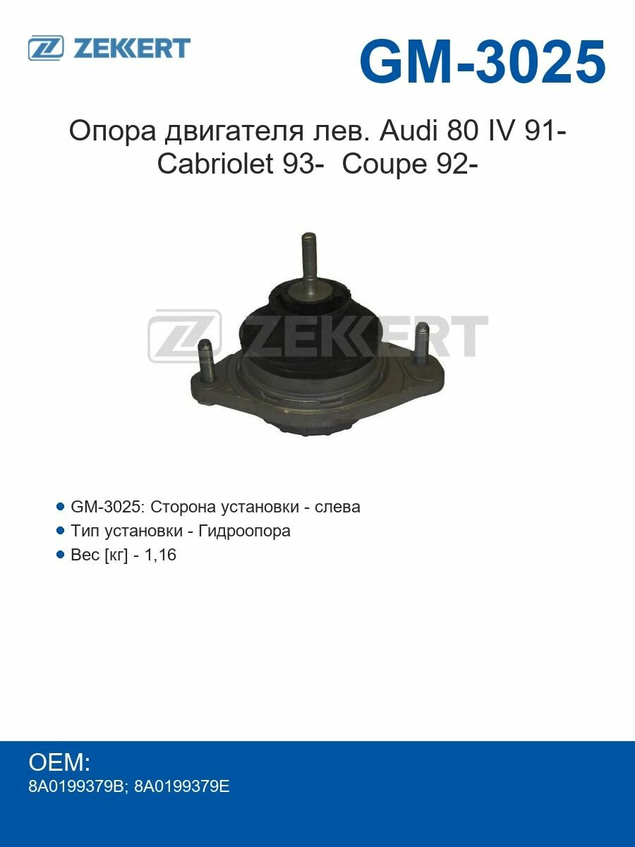 Zekkert Опора двигателя левая Audi 80 IV с 1991 года Cabriolet с 1993 года Coupe с 1992 года