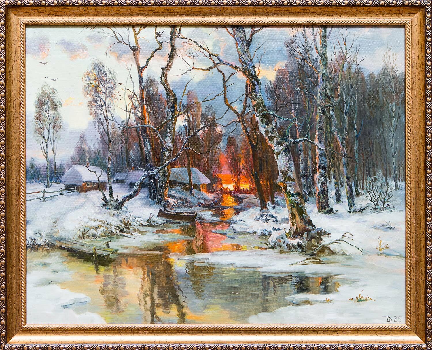 Картина маслом "Закат зимой" Дельцов