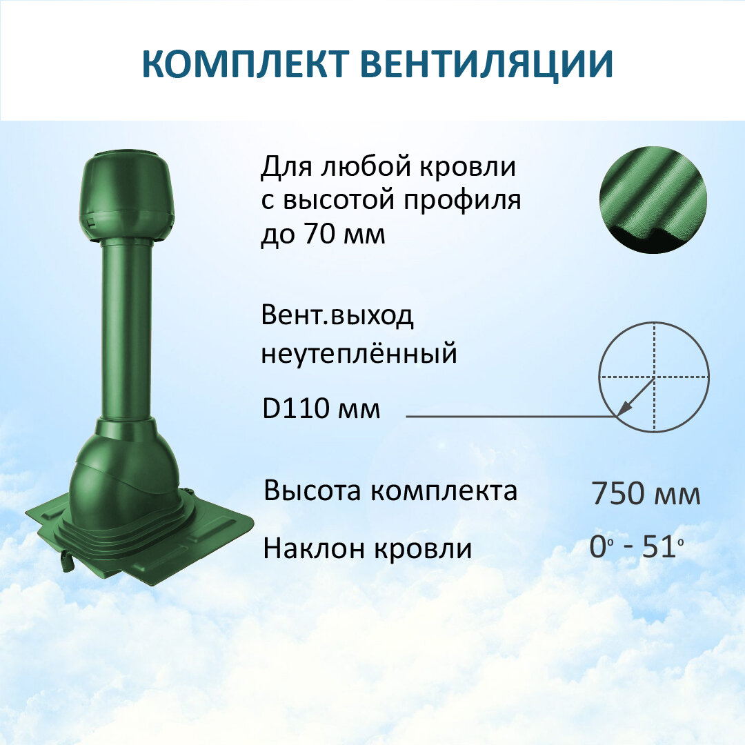 Комплект вентиляции: Вент. выход D110 H 500 мм, колпак D110, проходной элемент универсальный кровельный, зеленый