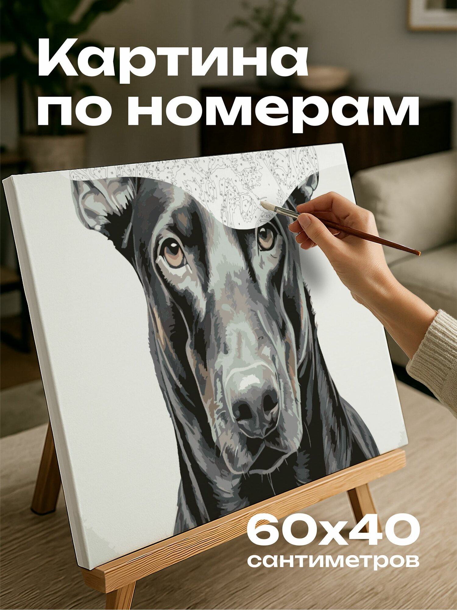 Картина по номерам 60x40 см, доберман, графитовый рисунок, детали, точность, реализм, текстура шерсти