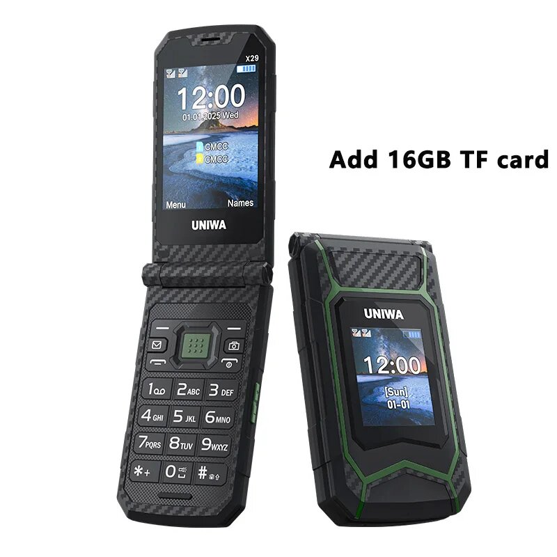 Новый раскладной мобильный телефон UNIWA X29 GPRS с большой кнопкой, раскладушка, мобильный телефон для пожилых людей, поддержка Dual Sim MP3 MP4 2.1BT FM Hebrew Keyboard, Зеленый, dark green 16G TF