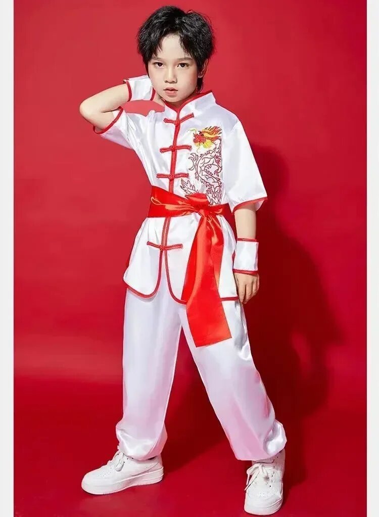 Детский костюм ушу полиэстер 130, 2-short white