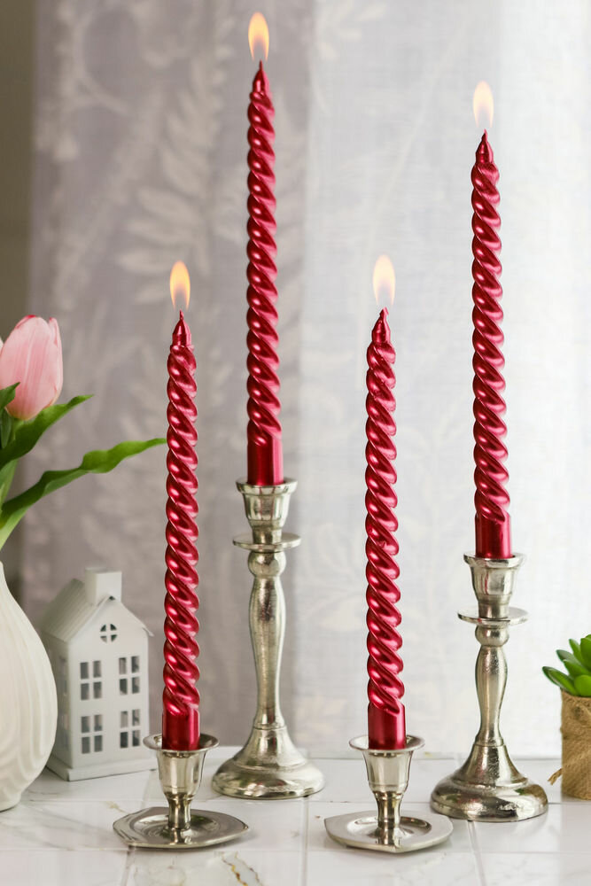 Набор витых свечей твидл, красный металлик, 25 см, 4 шт, Koopman International ACL000060