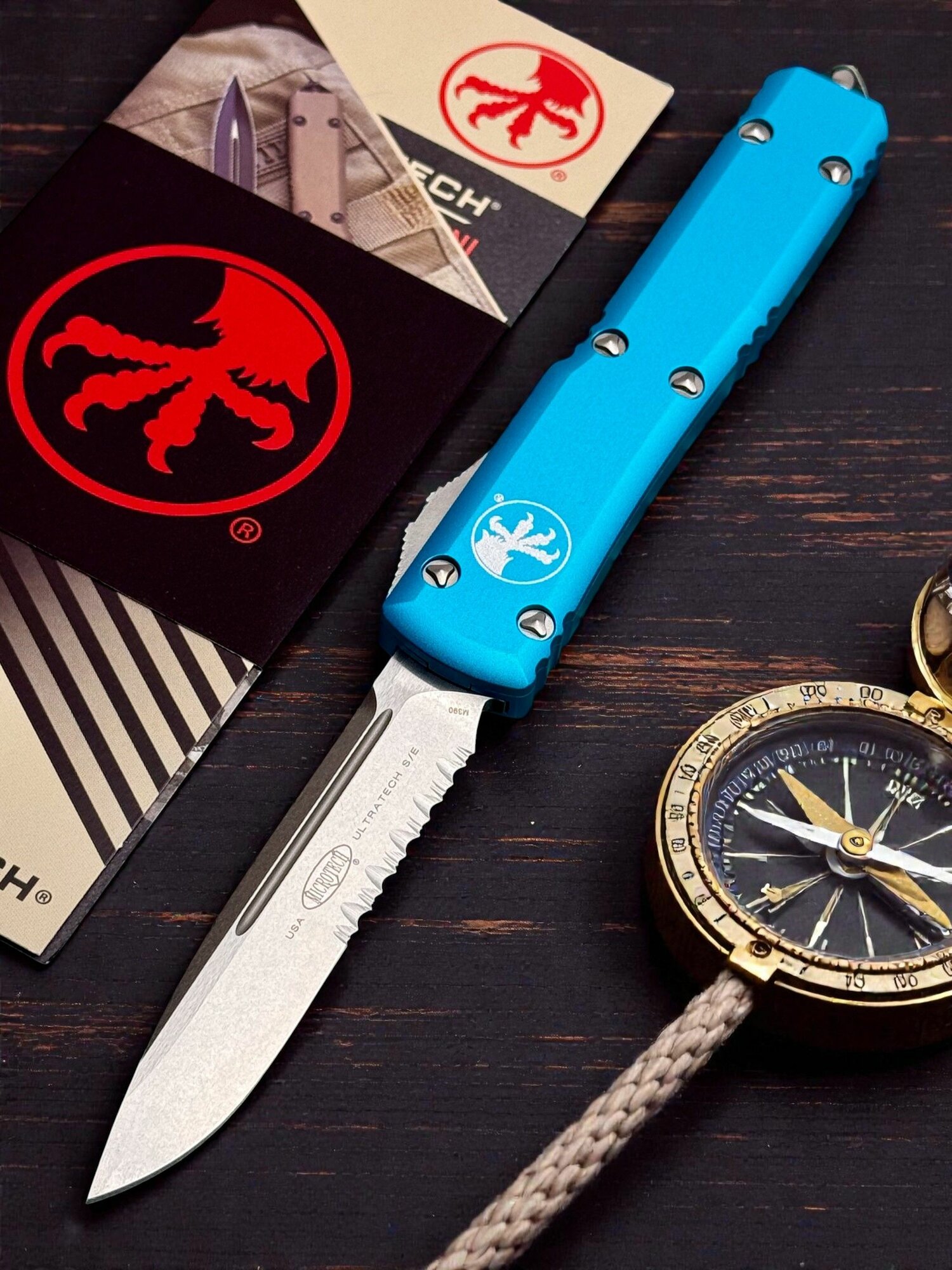 Нож складной MicroTech MCT12111TQ Ultratech, StoneWash Part Serrated Blade, Turquoise Handle