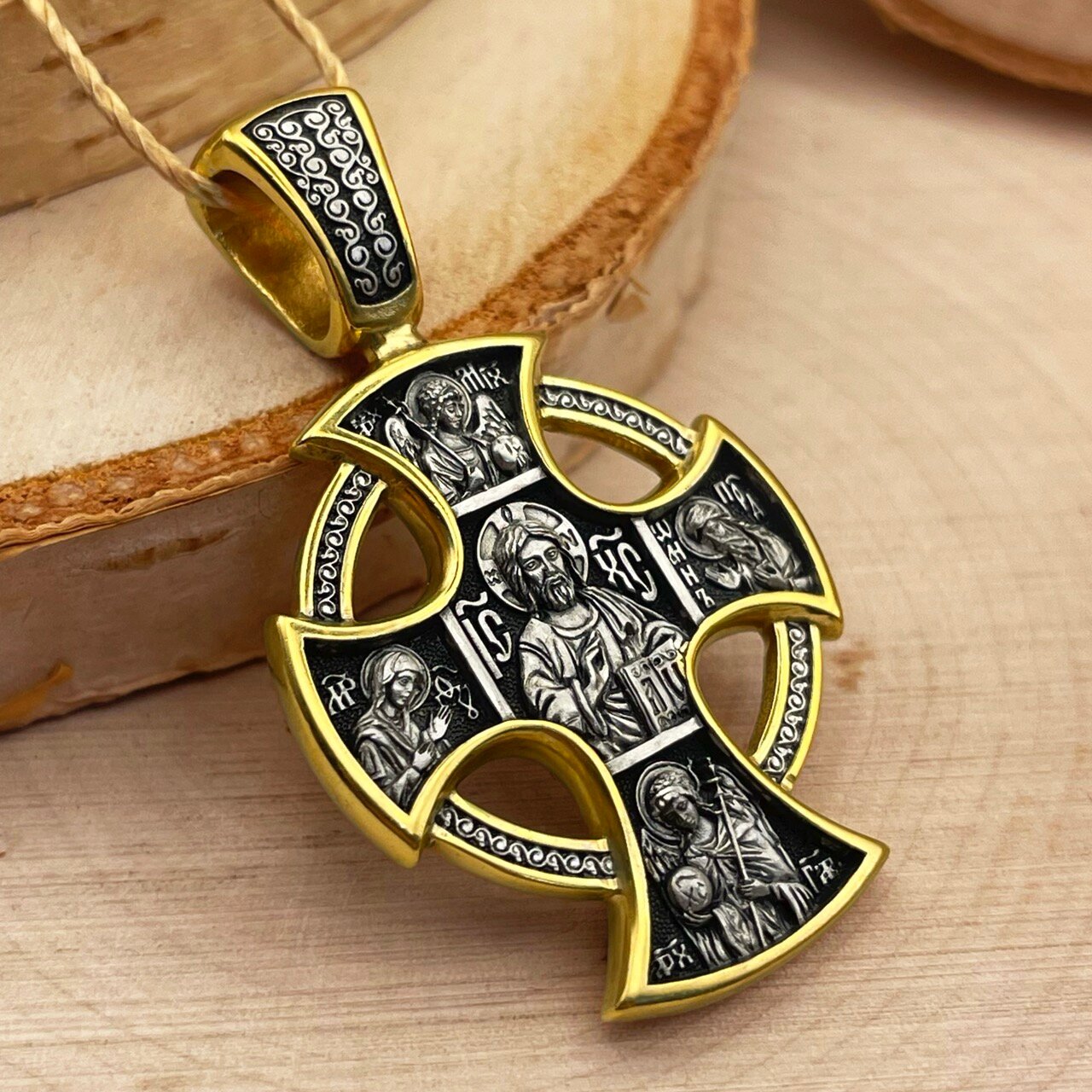 Крестик Русские Мастерские, серебро, 925 проба, чернение, золочение