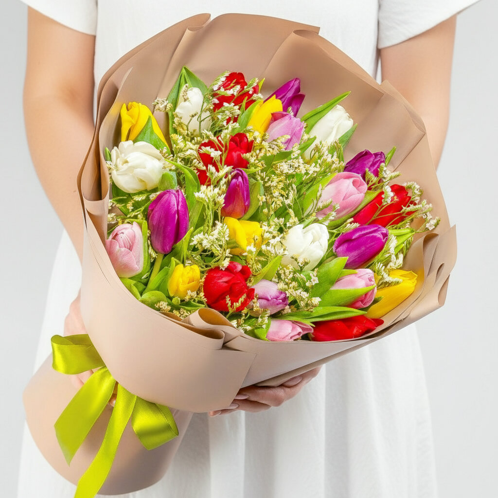 Дуо-букет Мегацвет24 "Тюльпан микс и Лимониум", разноцветный, дизайнерская упаковка