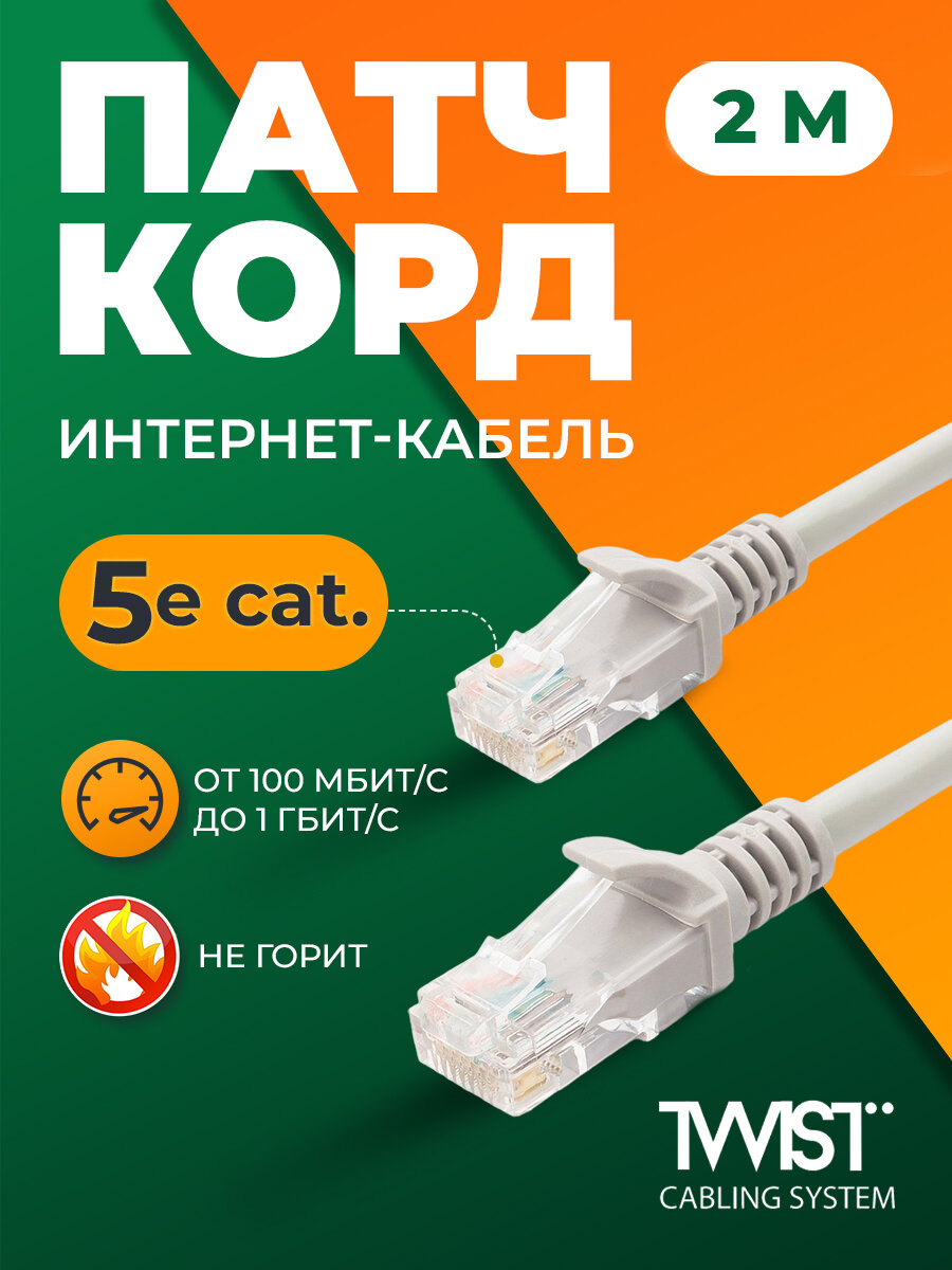 Патч-корд TWIST 2 метра, LSZH (негорючий), категория 5e (cat.5e), UTP / интернет кабель RJ-45 / сетевой Enternet Lan для соединения интернета, 2м, серый
