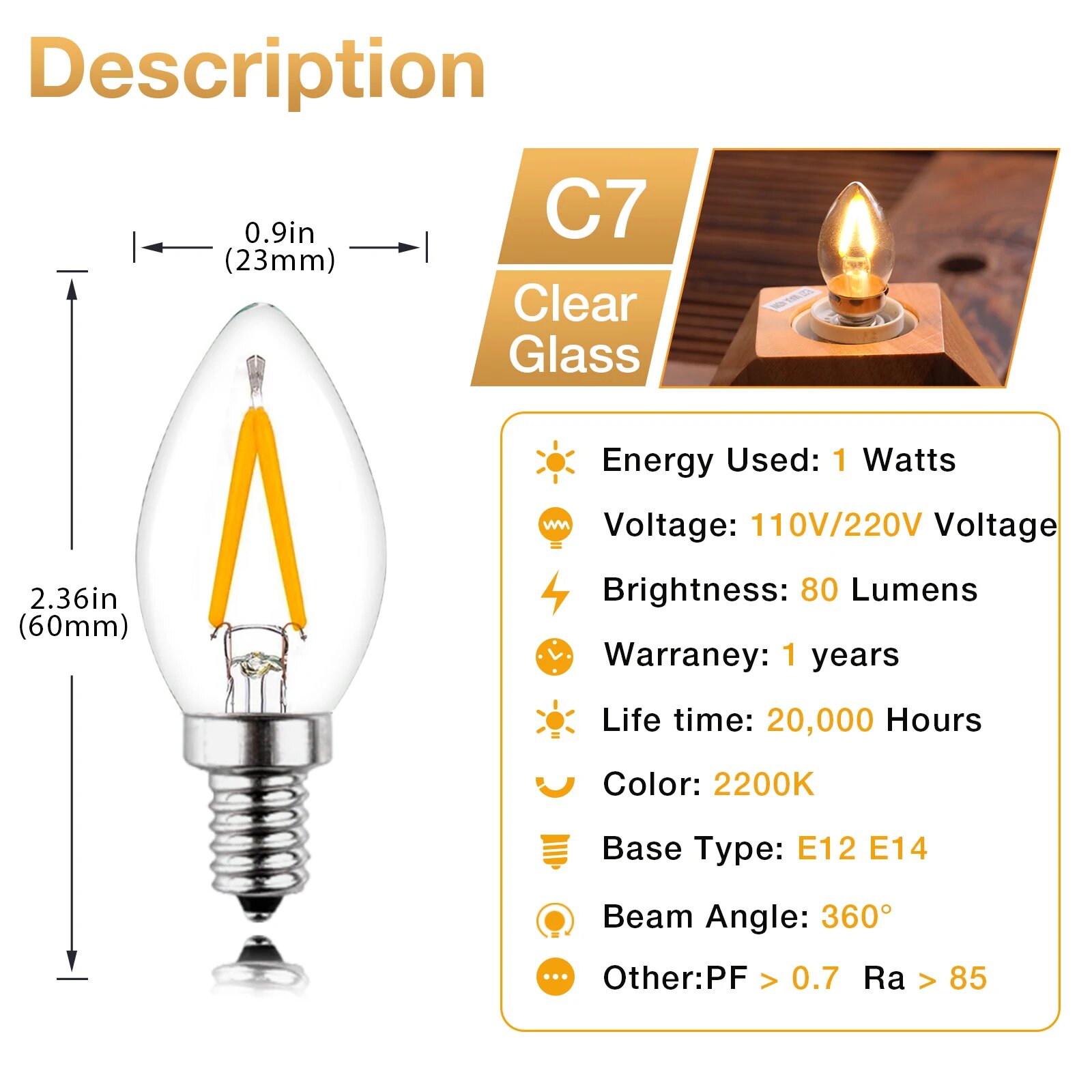 GANRILAND Светодиодные лампы G40 теплый белый C7 1W, E14 220V