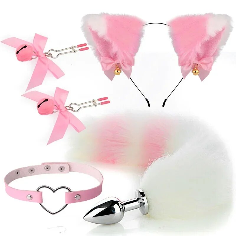 Анальная пробка с лисьим хвостом, ушки, воротник, зажим для сосков, Pink E