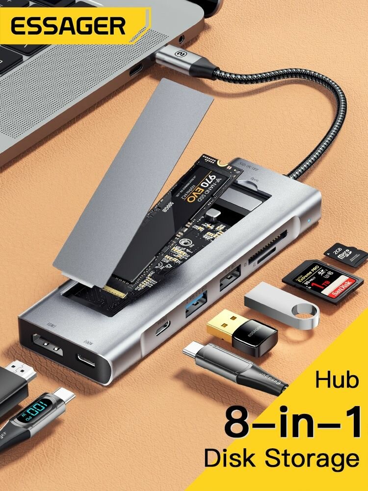 Essager Концентратор 8-в-1 USB C, поддержка высокоскоростной передачи данных, быстрая зарядка PD100W, видеовыход