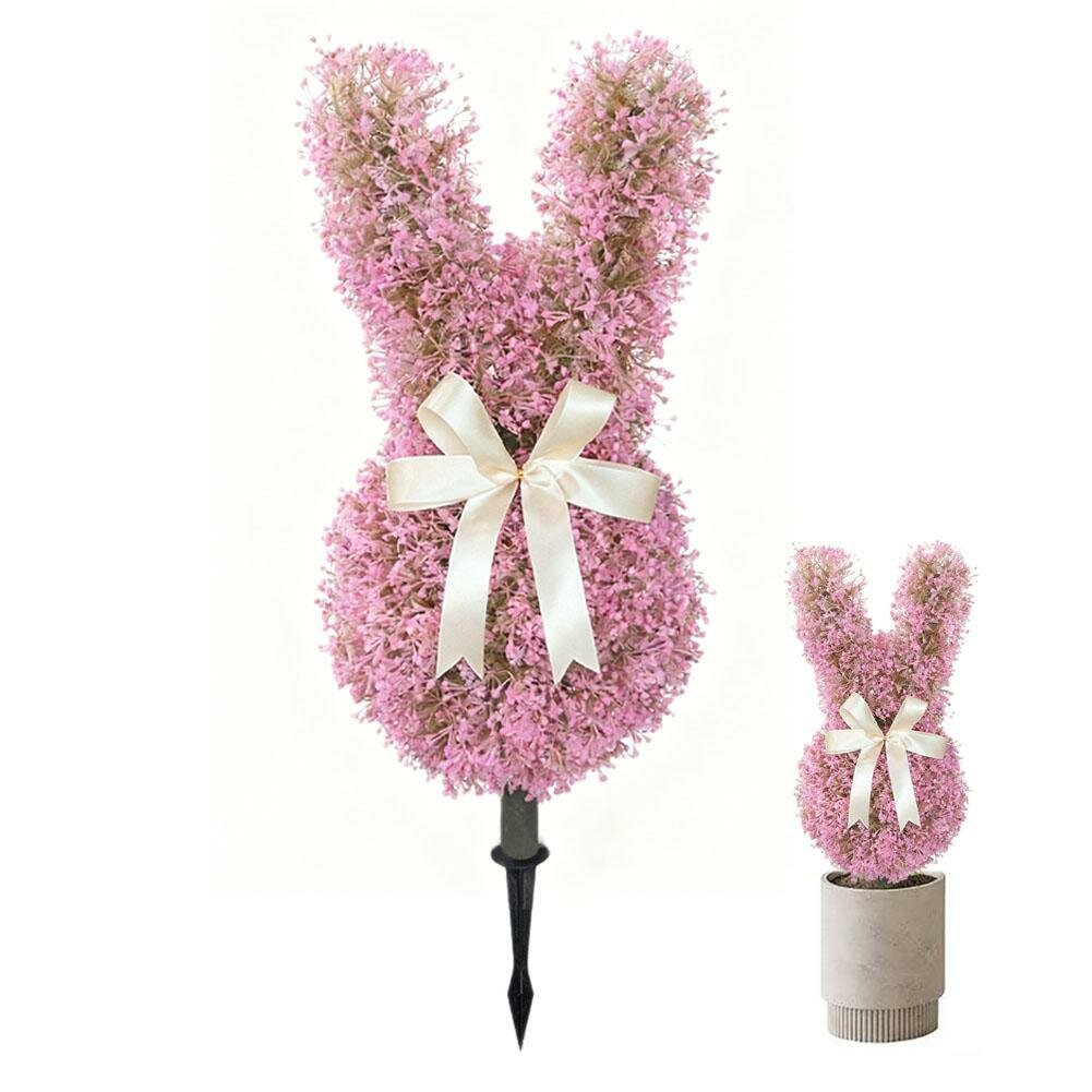 Искусственная топиария в форме кролика с розовыми цветами, 75 см/29,5 дюймов (75 см/29,5 дюймов) — декоративное растение в форме кролика для сада и дома, пластиковое декоративное растение для улицы и дома с опорой, розово-кремовый бант.