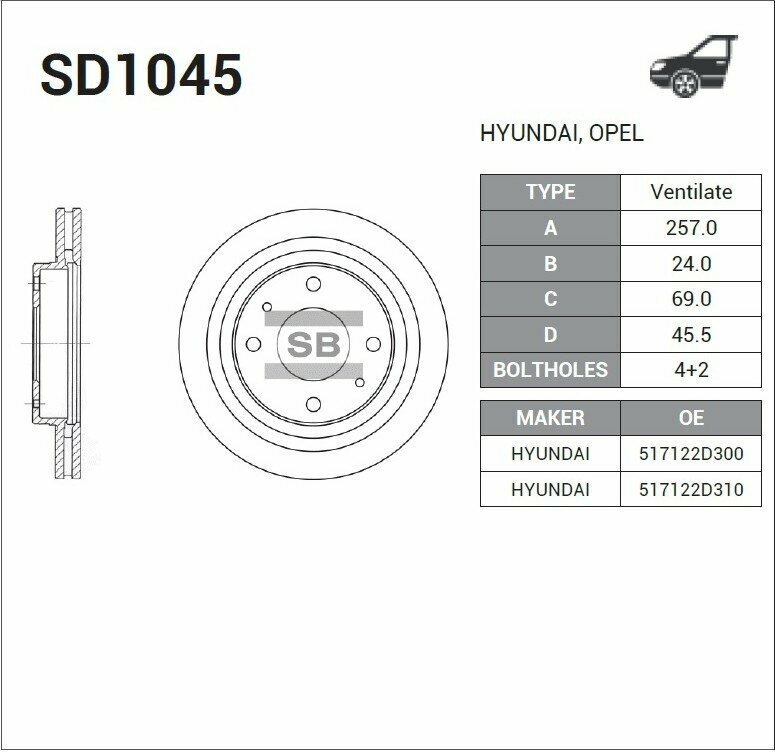 Тормозной диск передний SANGSIN SD1045 Hyundai, Kia
