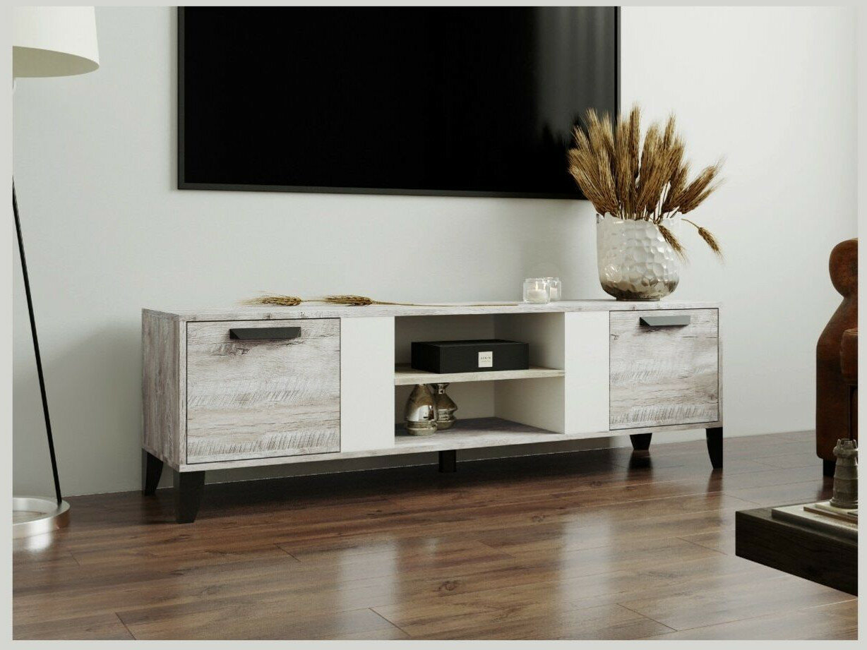 Тумба ТВ на опорах с 2-мя закрытыми нишами и местом под медиаустройства, Дуб юкон/Белый