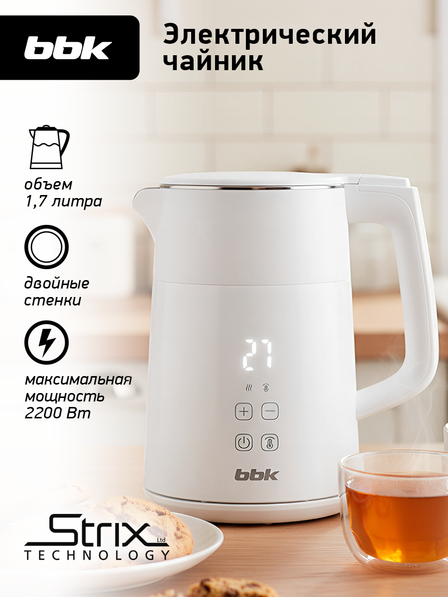 Чайник электрический BBK EK1704 с терморегуляцией, белый, 1.7л, мощность 2200Вт, контроллер STRIX