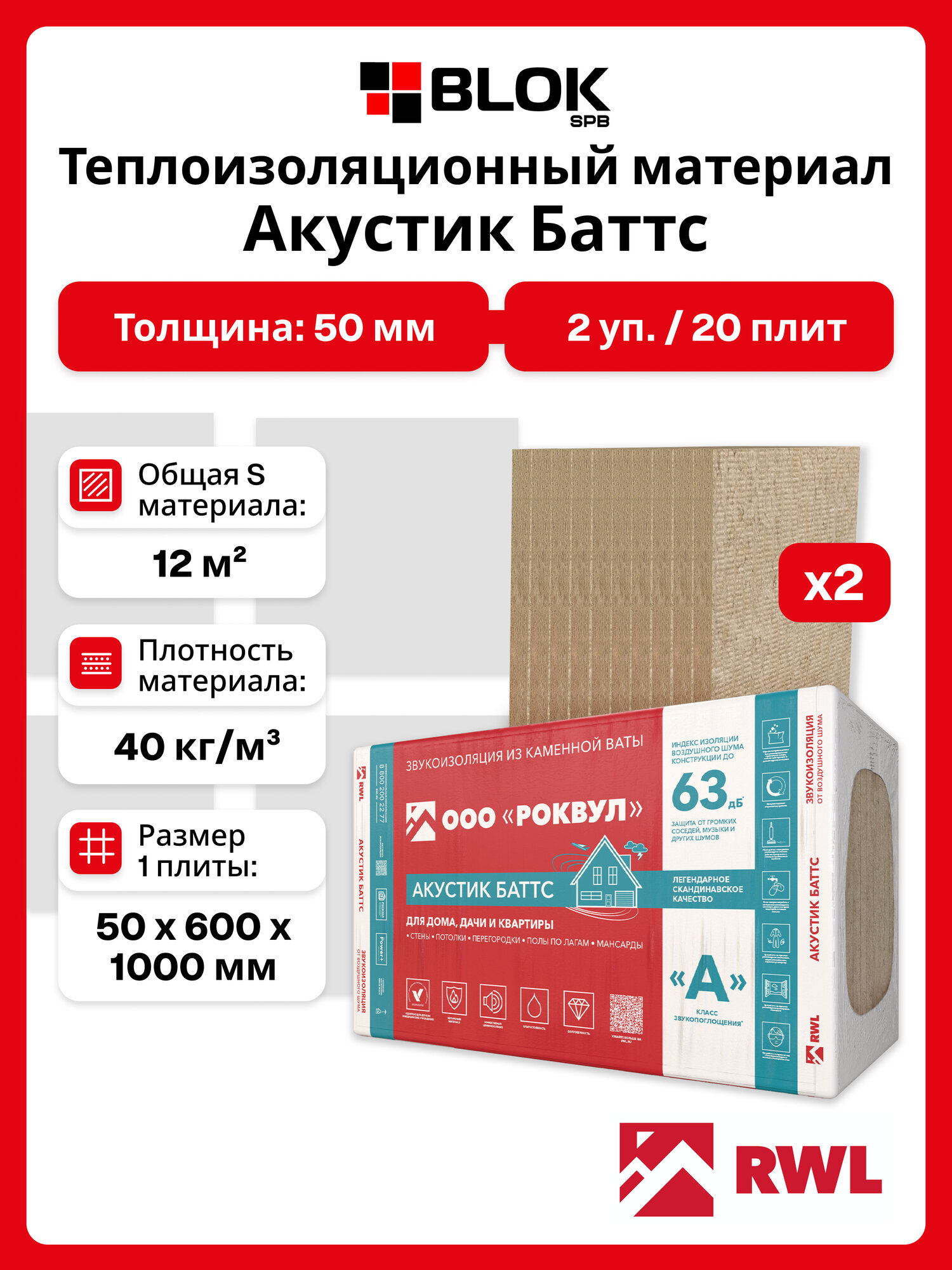 ROCKWOOL акустик баттс 50 мм (2 уп. /12 м2 / 20 шт.) звукопоглощающие плиты из каменной ваты для пола, потолка, стен