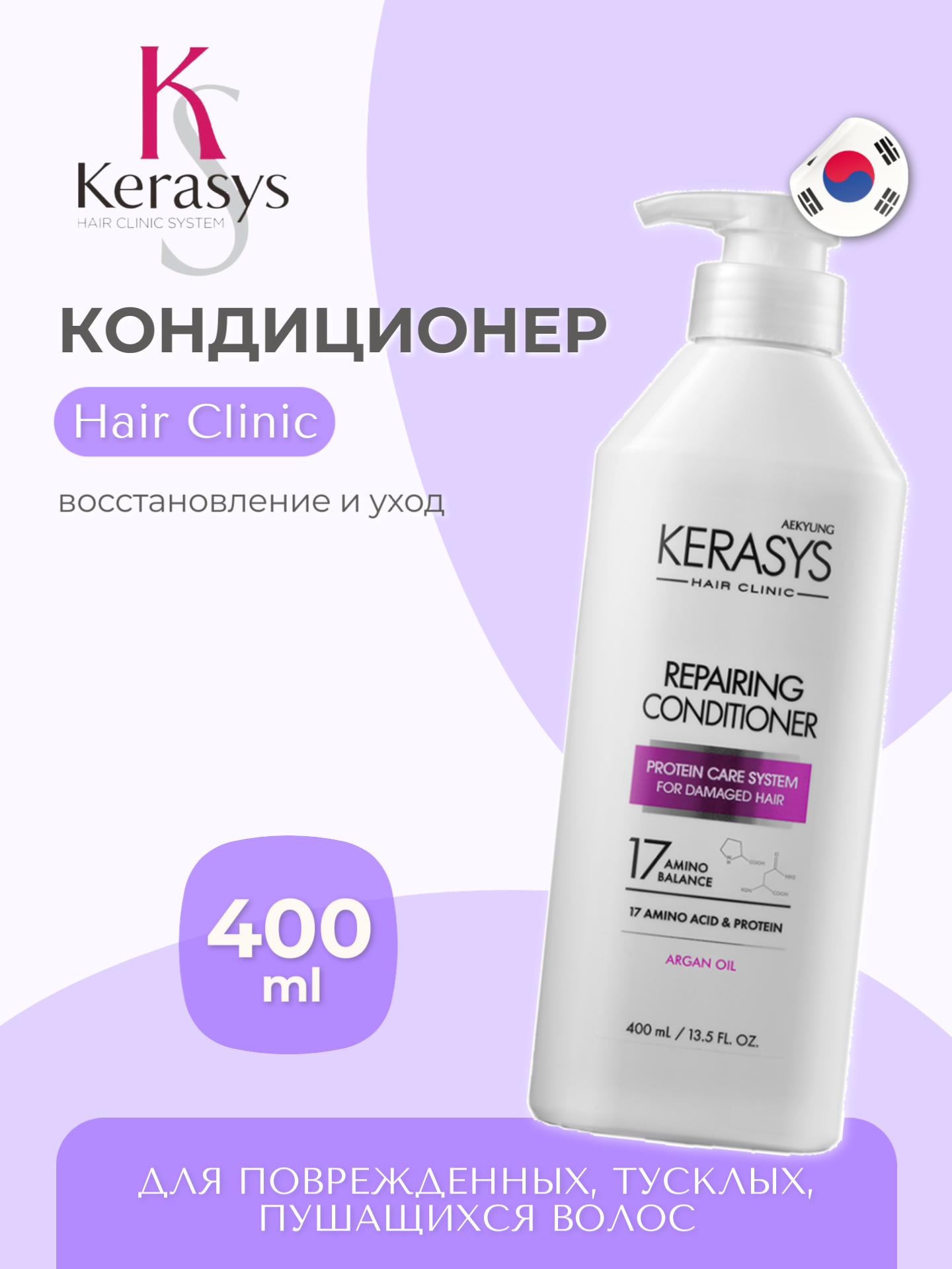 Кондиционер Hair Clinic Восстановление KeraSys, для поврежденных волос, 400 мл