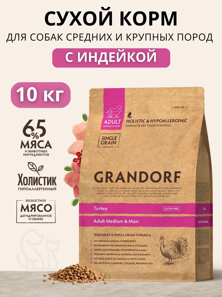 GRANDORF MEDIUM&MAXI Сухой корм для собак средних и крупных пород, с индейкой 10 кг