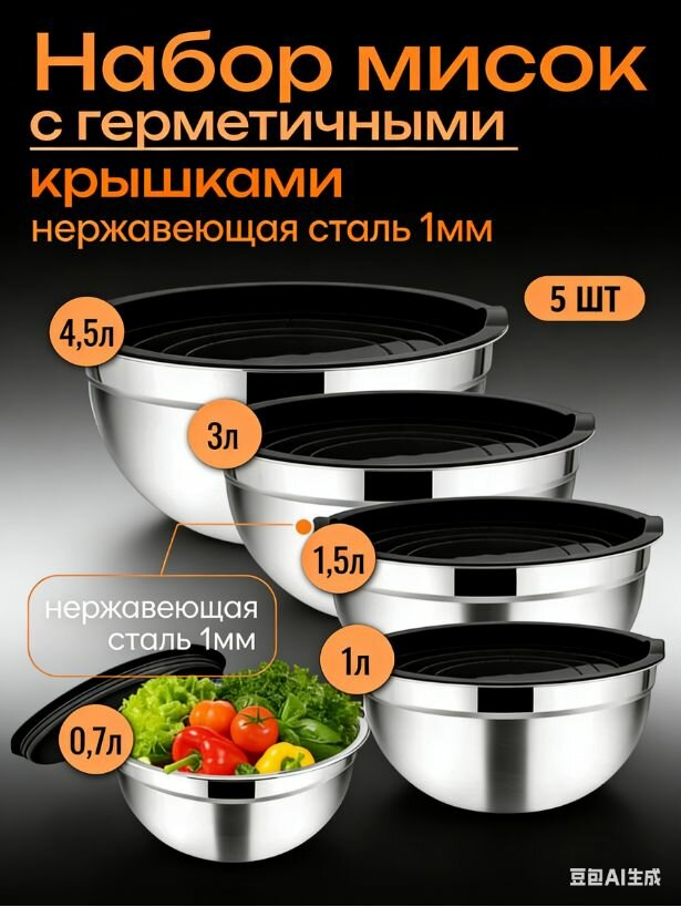 Набор мисок для кухни с герметичными крышками из нержавеющей стали 5 шт
