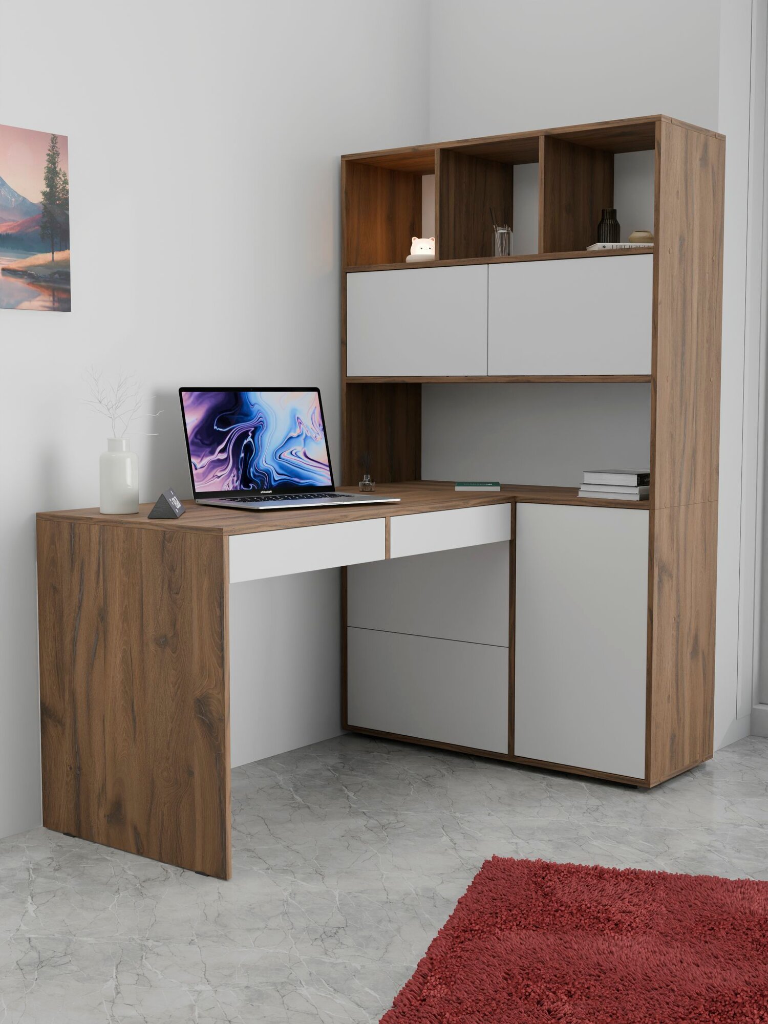 Изумлит Стол-шкаф письменный угловой для учебы и работы, шкаф справа 168х100х147.6 см, дуб крафт табачный-белый