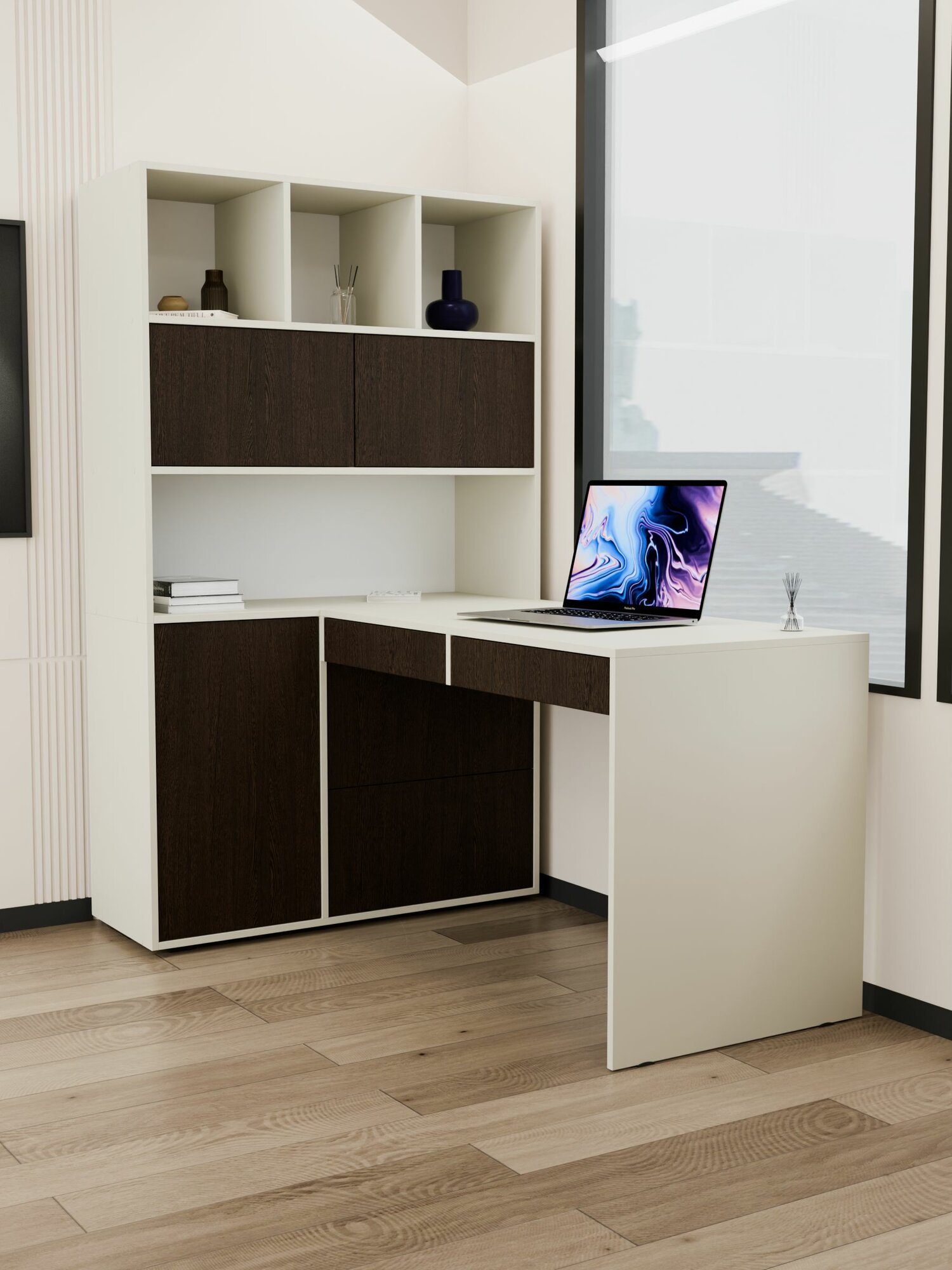 Изумлит Стол-шкаф письменный угловой для учебы и работы, шкаф слева 168х100х147.6 см, бежевый-венге