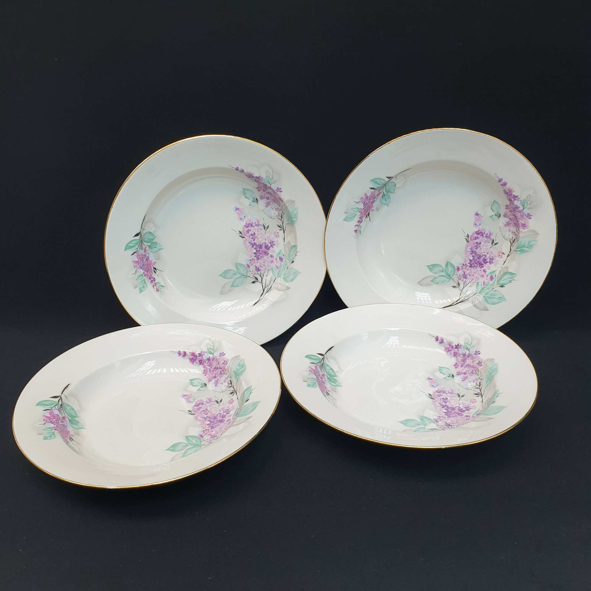 Винтажный набор суповых тарелок Сирень 4 шт, Дулево, фарфор, деколь, позолота, СССР.
