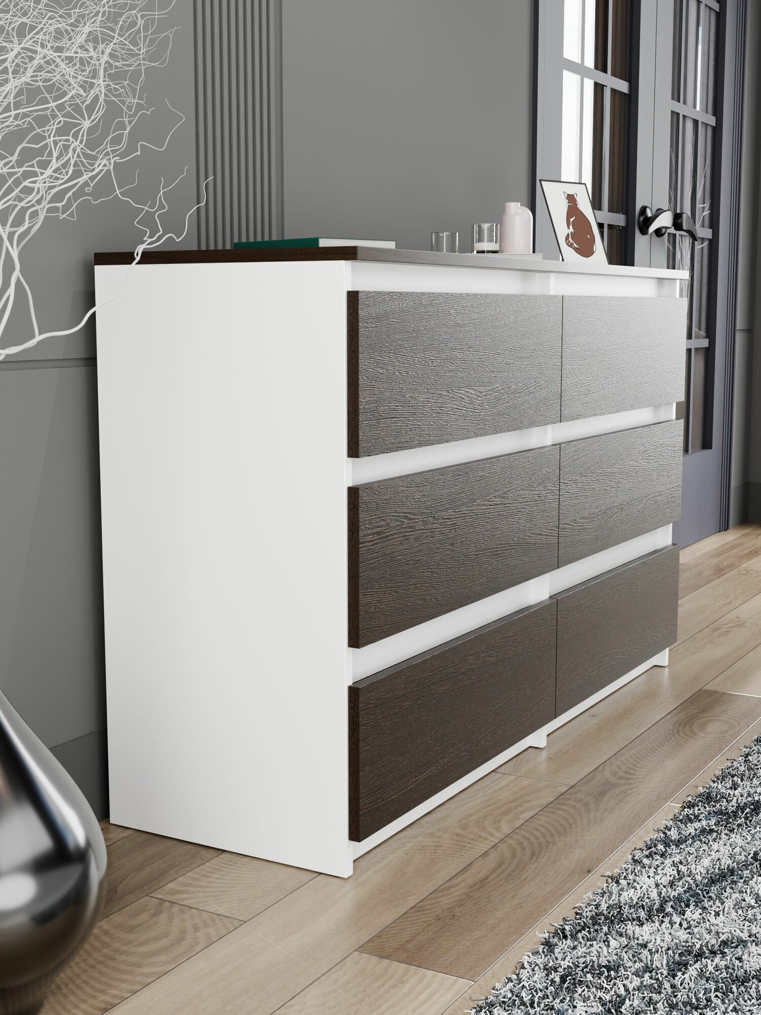 Комод для белья и одежды орлан 6 ящиков, 120х76.4х40 см, белый/венге