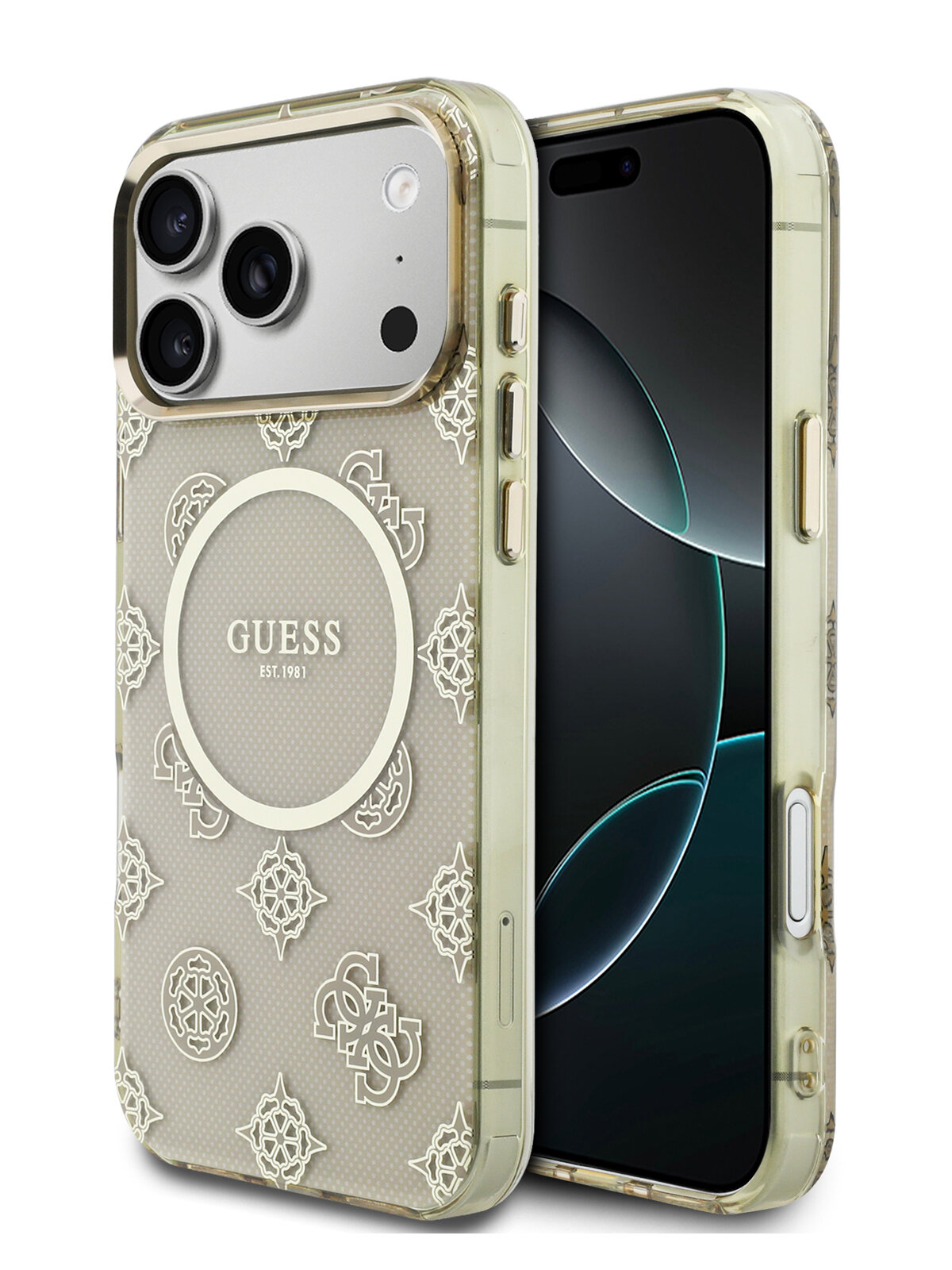 Чехол Guess на iPhone 17 Pro Max, с магнитами MagSafe, с принтом IML Peony Dots, бежевый