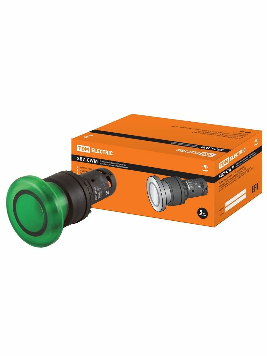 Кнопка грибовидная SB7-CWM31 с возвратом, 1НО, с подсветкой 220 В LED, d35 мм, зеленая, IP40 TDM