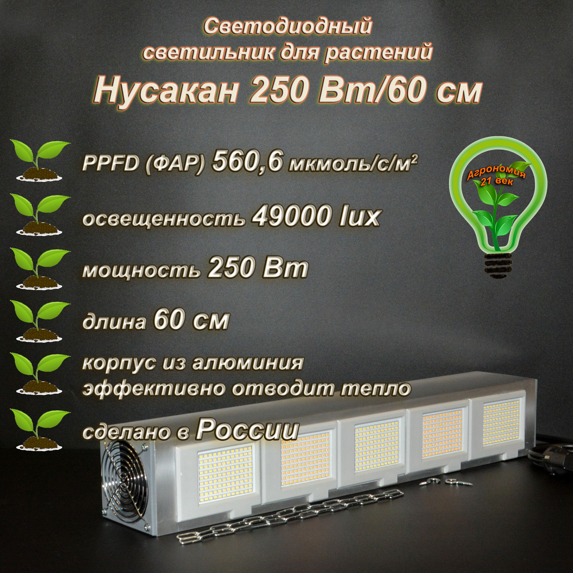 250Вт "Нусакан-Мульти" Мощный LED светильник 60см с температурой света 2700К+6000К от Агрономия XXI век