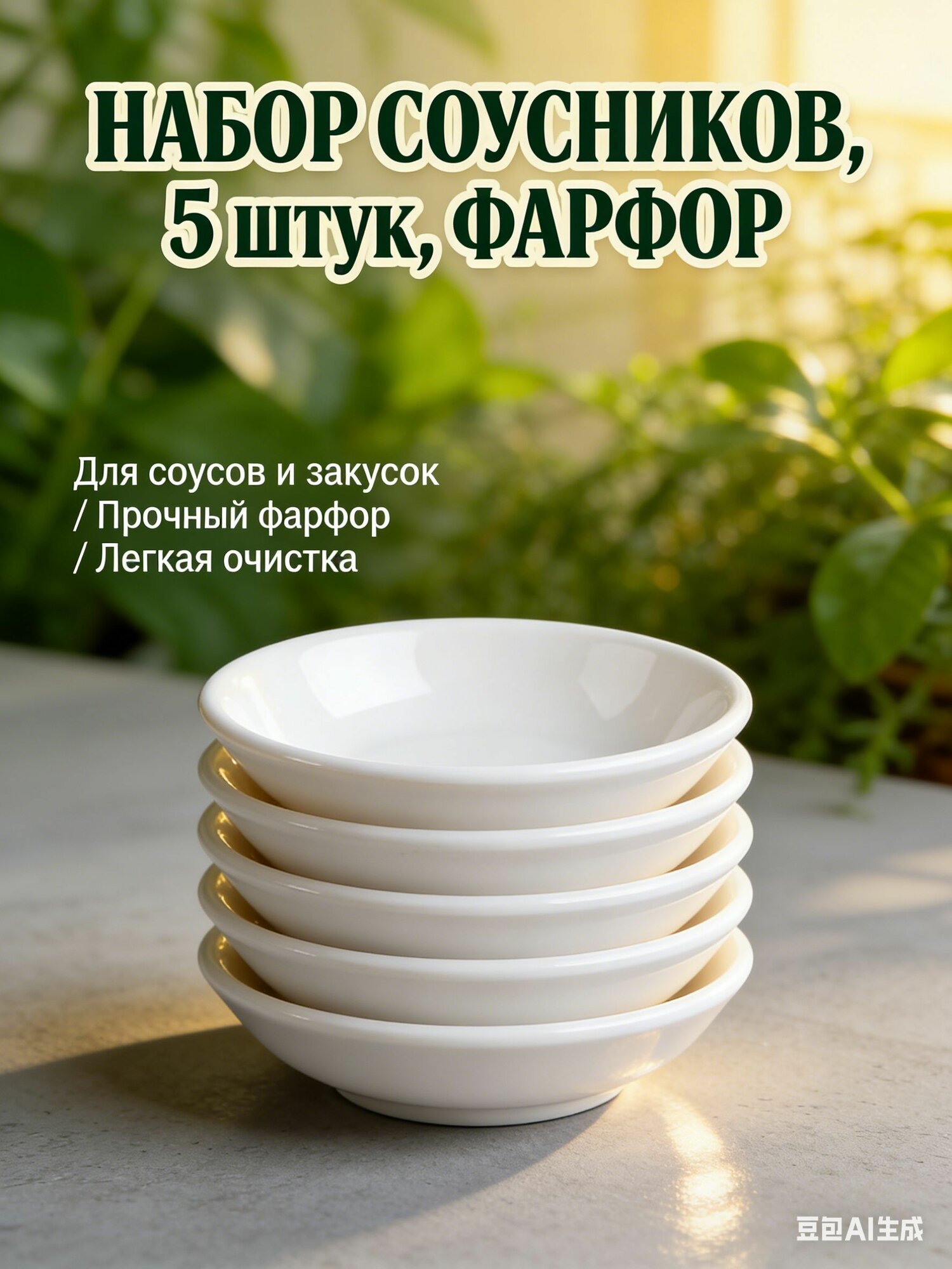 Набор соусников Оливия из белого фарфора 4 шт, диаметр 7 см, объем 40 мл, маленькие пиалы для соевого соуса и специй