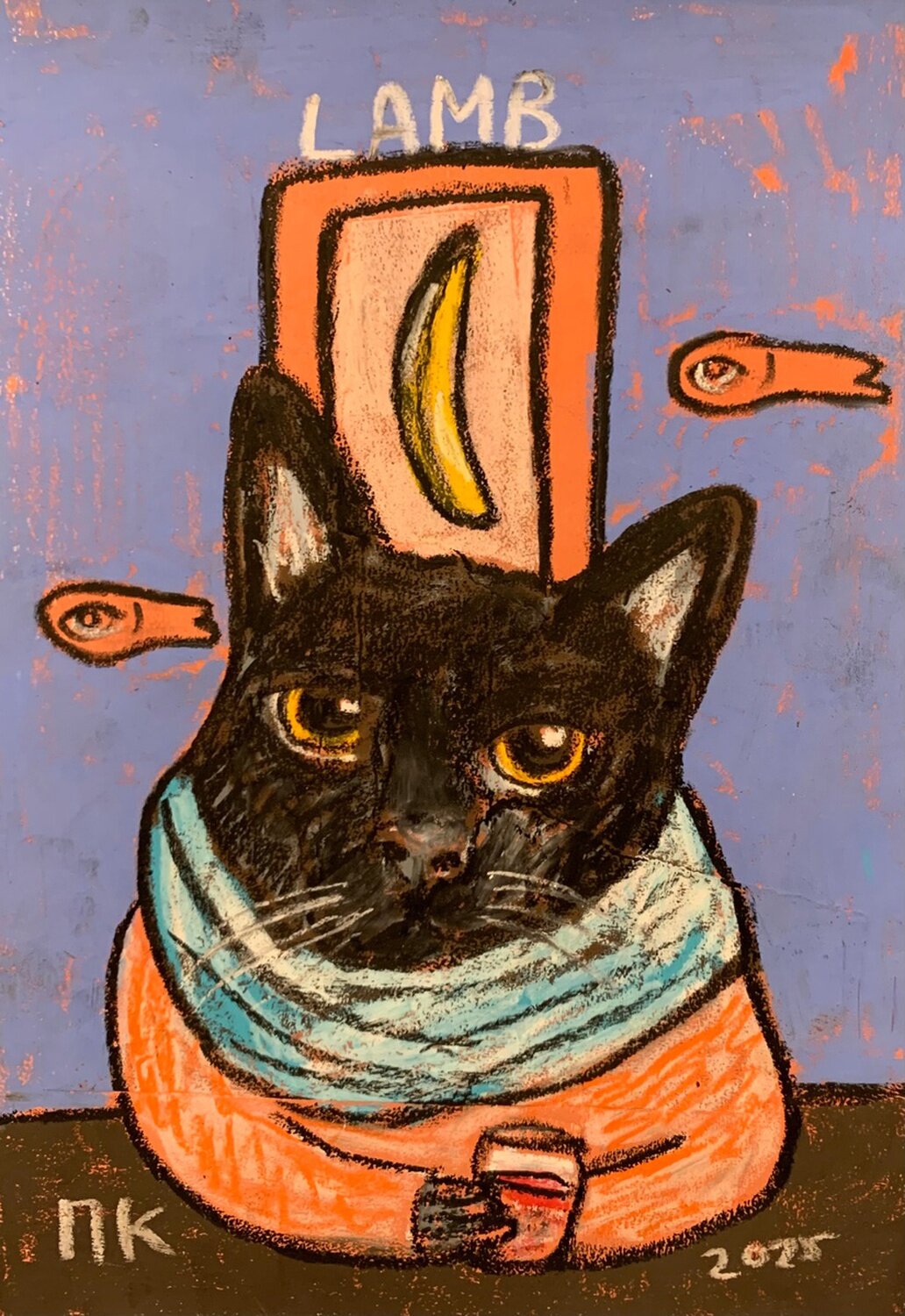 Авторский рисунок масляной пастелью на бумаге Курящий кот/ Smoking cat #19 (2025). Единственный экземпляр. Художник Павел Курагин. Формат А4. 21х29,7 см