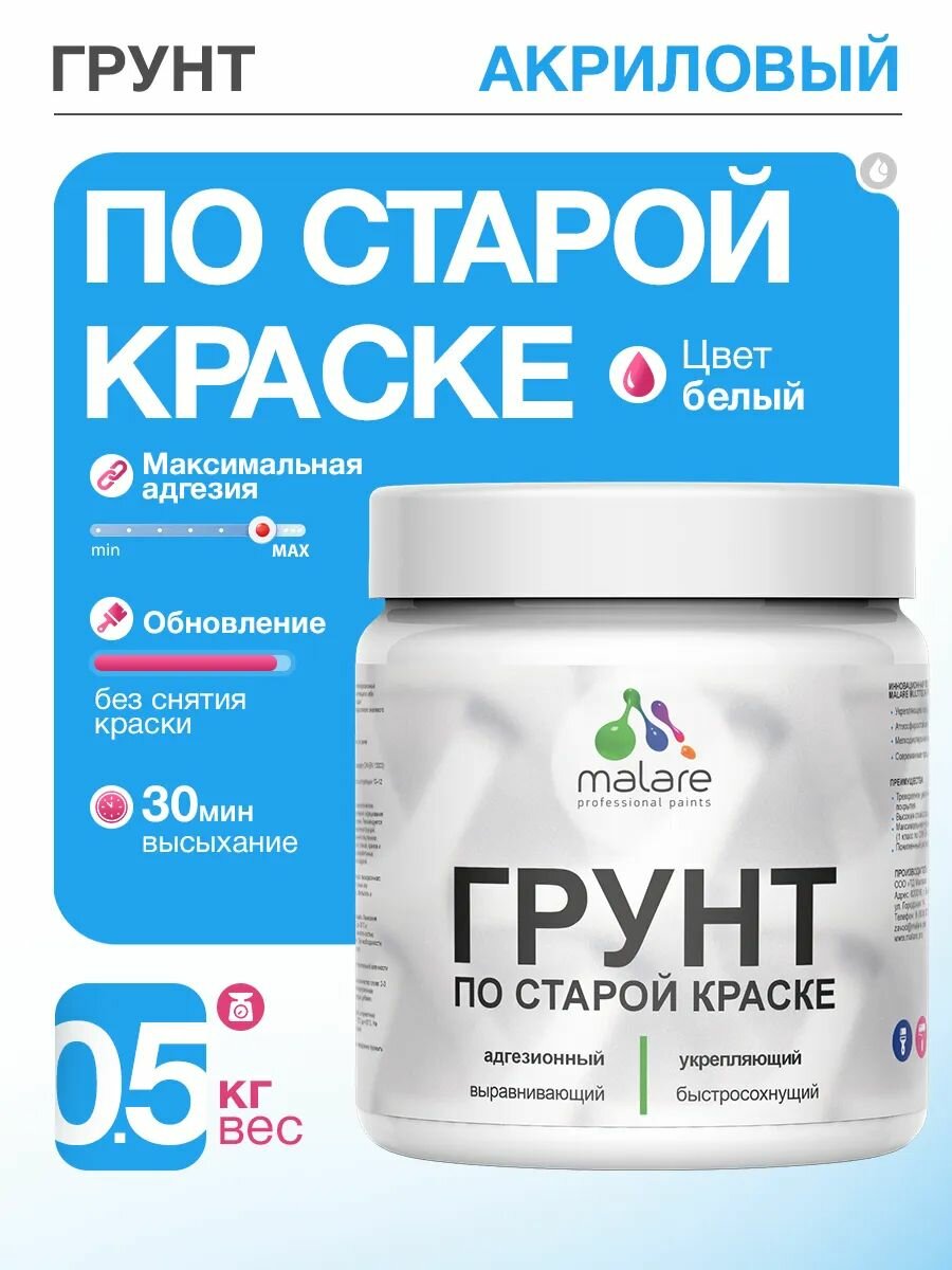Грунт по старой краске Malare акриловый адгезионный универсальный, без запаха быстросохнущий, белый, 0.5 кг.